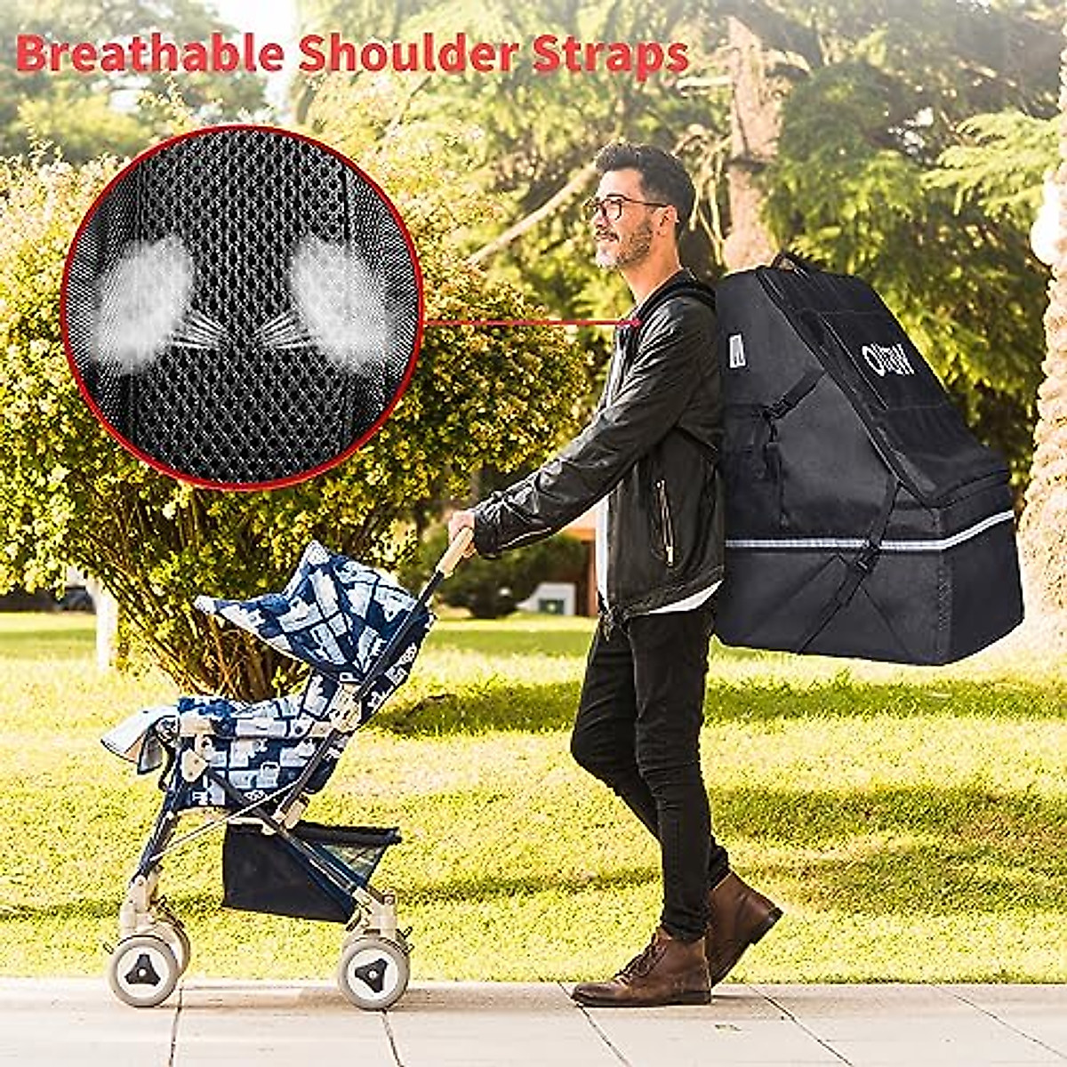 WEXIO Padded Car Seat Bags for Air Travel，Waterproof Infant Carseat Bag for Airport， fit for Evenflo Maxi Cosi Britax Graco Chicco Cybex Diono Nuna Peg Doona (Black and Gray)