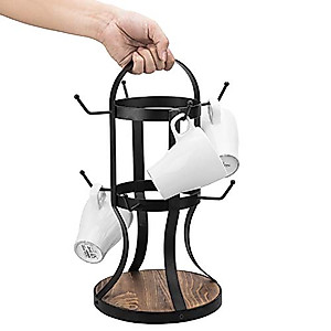 MyGift Rustic Black Metal Coffee Mug Rack with Burnt Wood Base and 8 Hooks