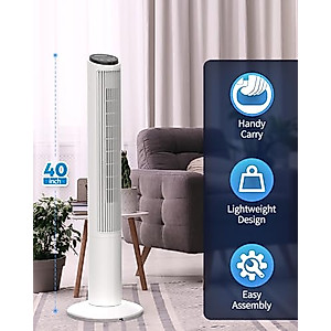 MIBOMIBO 40 inch White Tower Fan for Bedroom, Quiet Cooling Fan with LED Display, Oscillating Fans for Indoors with 3 Speeds, 15H Timer, Bladeless Fan, Standing Floor Fans,TF-K4007RW