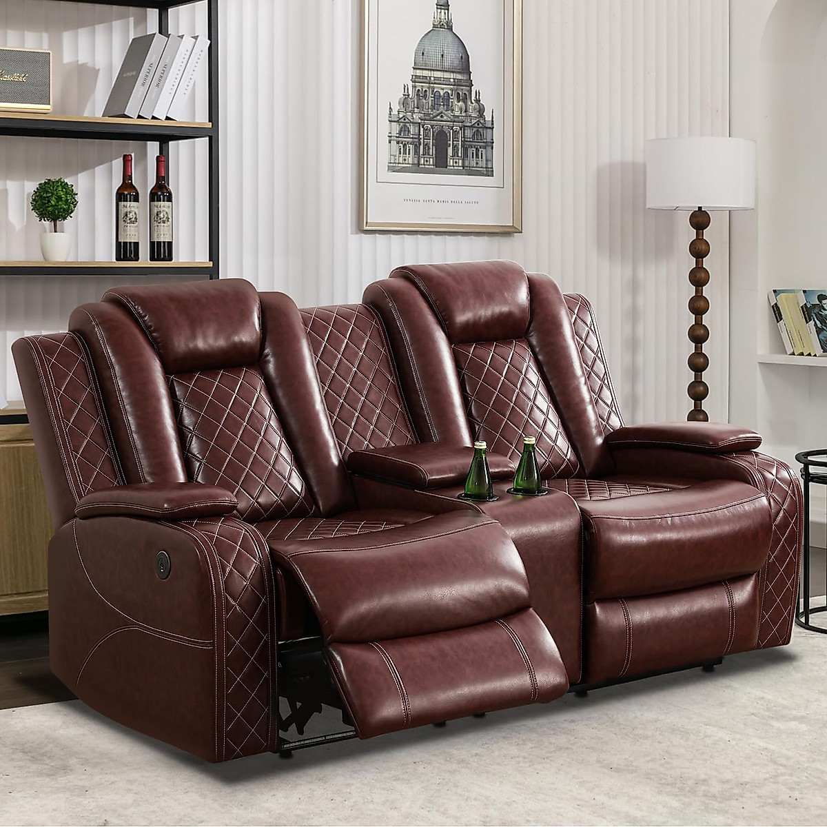 Caberryne Power Recliner Sofa Set with LED Lights,Leather Reclining Loveseat with Double Recliner/USB Port/Storage Console/Cup Holder,Living Room Furniture for House/Home Theater(Loveseat,Wine Red)