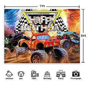 Newsely Truck Themed Birthday Party Supplies Backdrop 7Wx5H Monster Boys Kids Happy Birthday Background Photography Jam Burning Flame Car Grave Digger Party Decorations Banner Photo Booth Props