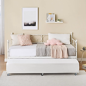 IDEALHOUSE Twin Daybed with Trundle, Metal Trundle Bed, Sofa Bed Frame, Heavy Duty Metal Slats, for Living Room, Bedroom, Guest Room, Space Saving, White