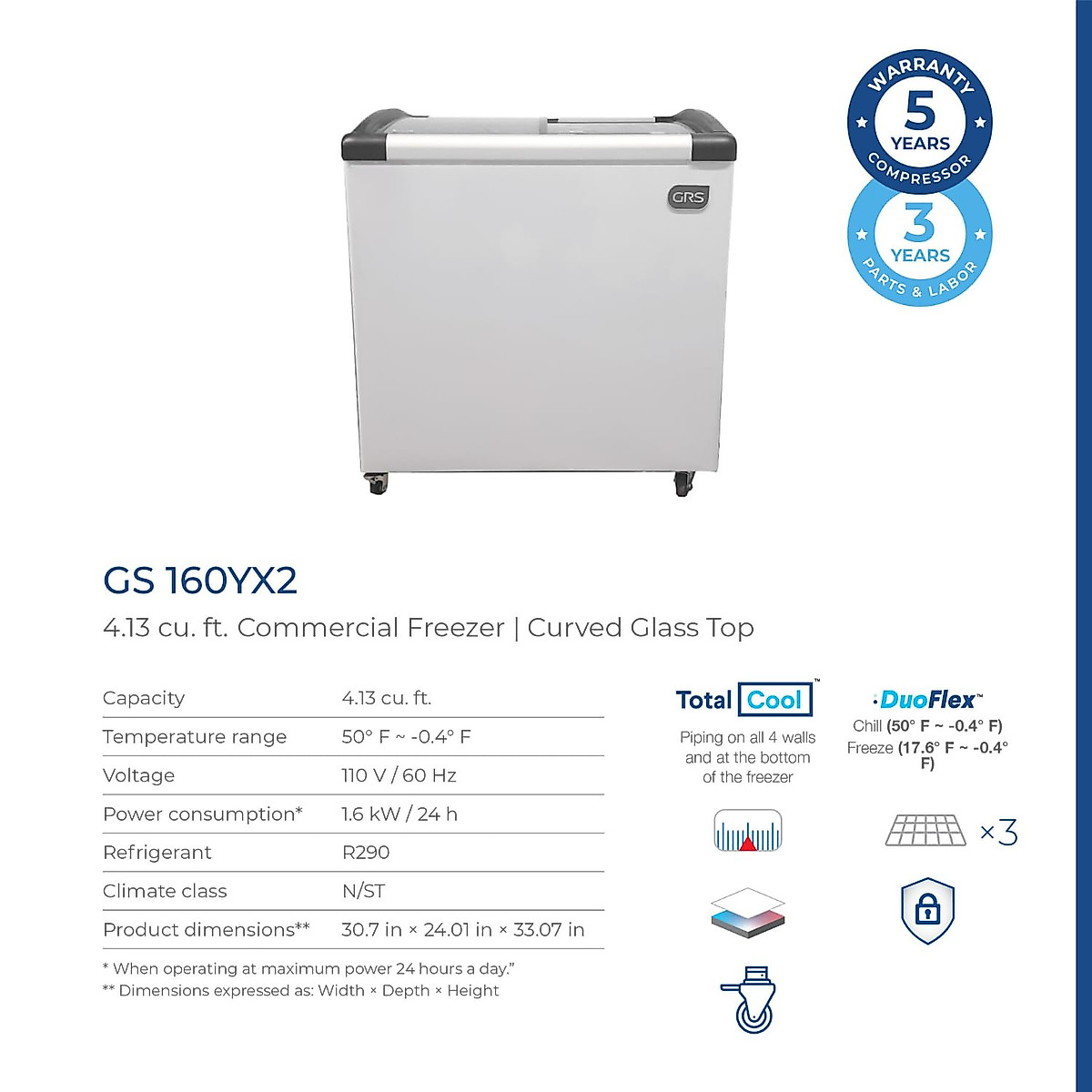 GRS Glass Door Small Chest Freezer - 4.13 Cubic Feet Small Deep Freezer with LED Light and 2 Removable Baskets, Mini Freezer Ideal for Ice Cream and Frozen Novelties