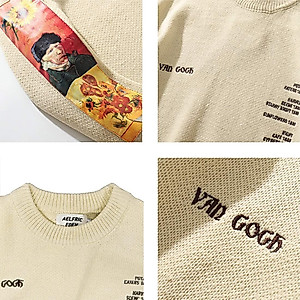 Aelfric Eden Oversized Sweater Graphic Van Gogh Printed Unisex 90s Vintage Women Knit Sweaters Men Casual 2024 Pullover Beige
