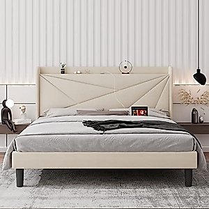iPormis King Size Upholstered Platform Bed Frame with Storage Shelf and Type C & USB Ports, Geometric Bed Frame with Wingback Headboard, Wood Slats, Noise-Free, No Box Spring Needed, Beige