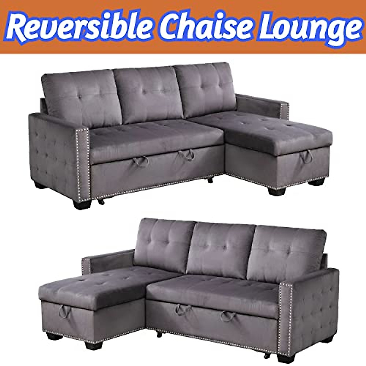 HABITRIO Sectional Sofa with Reversible Storage Lounge Chaise, 77" Modern L-Shape Corner Couch w/Roll-Out Sleeper Bed, Velvet Upholstered Nail Head Trim Seating Furniture for Living Room, Office