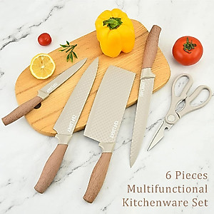 Kitchen Knife Set, 6 Pieces Professional Knife Set with Universal Knife Block, Super Sharp Knife Set with Ergonomic Handle, Non-Stick Stainless Steel Knife Block Set (Khaki)