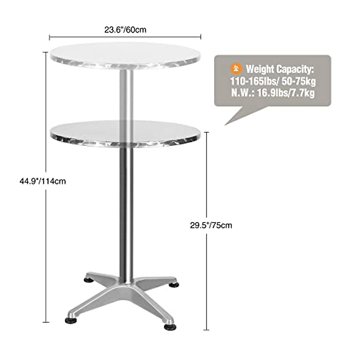 REDCAMP 24 inch Round Top Aluminum Bar Table with Flip-Up Top, Cocktail Table Bistro Pub Table for Parties Restaurant, 45" and 29.5" Two Height Adjustable