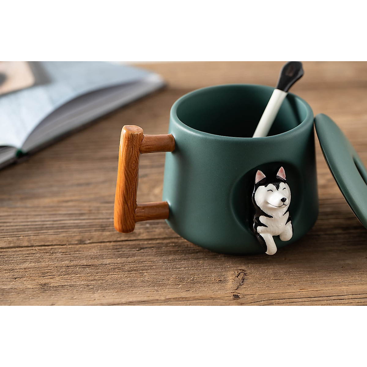 DIHOclub Ceramic Coffee Mug with Lid and Matching Spoon,Novelty 3D Husky Pattern Mug for Tea Milk Chocolate Juice,Cute Cup for Dog Lovers,Perfect Gifts-14 Ounces (green)