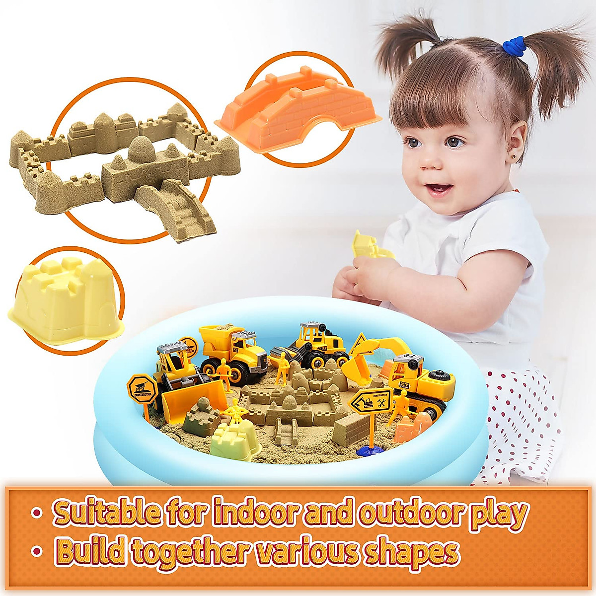YIDESTARS Play Construction Sand Kit,2.2lbs Magic Sand W/4 Large Take Apart Construction Trucks,1 Sandbox,8 Worker Figures and Road Signs,8 Molds,Toys for 2-8 Years Old Boys Girls