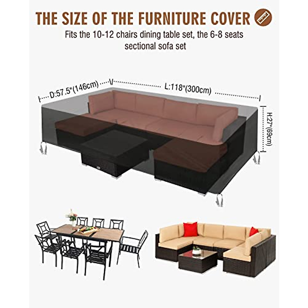 HIRALIY 118 Inch Patio Furniture Cover, Waterproof Outdoor Furniture Cover for Patio Table and Chair, Heavy Duty Rectangular Patio Furniture Set Cover for Snow Protection, 118" L x 57.5" W x 27" H