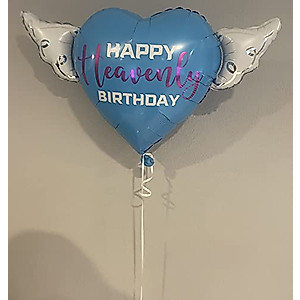Happy Heavenly Birthday blue/purple heart shaped balloon with angel wings