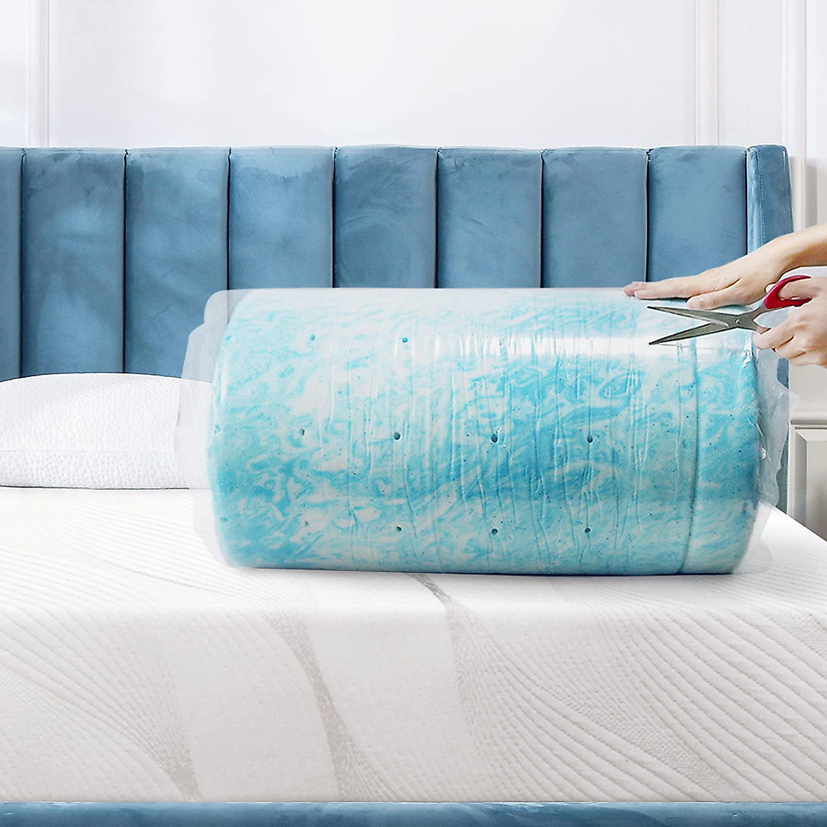 Mattress Topper for Queen Bed, Gel Swirl Memory Foam Soft Bed Topper for Back Pain, 3 inch, Light Blue