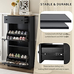 Shoe Storage Cabinet with 2 Flip Drawers, Narrow Shoe Cabinet for Entryway Slim with Wood Grain Top, Wall Hidden Shoe Organizer Cabinet with Adjustable Shelves for Entryway, Hallway, Black