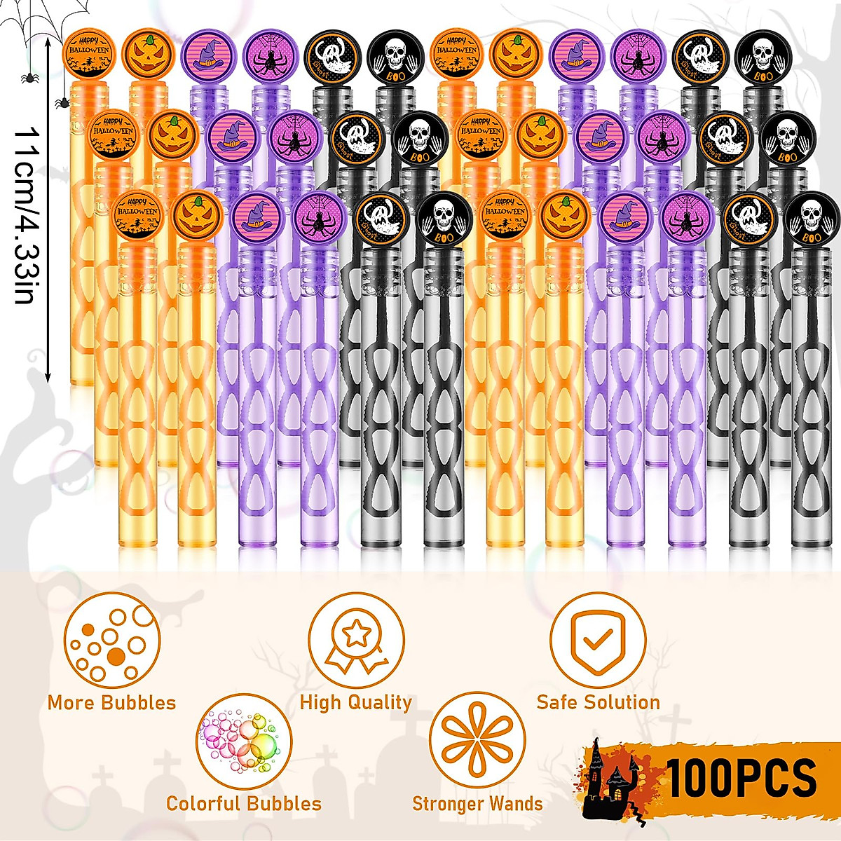 Liliful 100 Halloween Mini Bubble Wands Bulk Bubble Wands Tubes Party Favors Gifts Bubbles Halloween Toys for Halloween Party Supplies Trick or Treat Prizes Goodie Bags Fillers (Classic)
