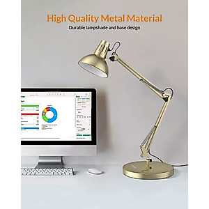 LEPOWER Metal Desk Lamp, Adjustable Goose Neck Architect Table Lamp with On/Off Switch, Swing Arm Desk Lamp with Clamp, Eye-Caring Reading Lamp for Bedroom, Study Room &Office (Brass)