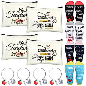 12 Pcs Teacher Appreciation Gifts Set, 4 Teacher Off Duty Socks, 4 Travel Cosmetic Pouch Makeup Bags, 4 Teacher Bracelet Expandable Bangle Funny Teacher Gifts Graduation Holiday Favors