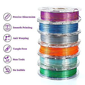 FTUREERA PLA Filament, Silk 3D Printer Filament 1.75mm, Dual Color Co Extrusion and Rainbow PLA Filament Bundle Multicolor, Dimensional Accuracy +/- 0.02 mm, 250g x 6 Spool/3.3lb