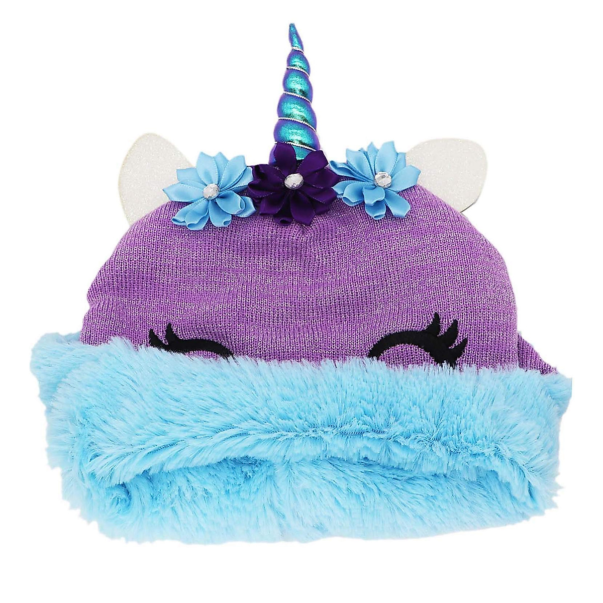 Little Girls Winter Unicorn Beanie Hat and Gloves Set Kids Knitted Earflap Cap Flip Top Mitten Set