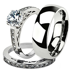 Marimor Jewelry His and Her 3 Piece Stainless Steel 1.39 Carat Cubic Zirconia Bridal Set and Men's Classic Wedding Band Women's Size 06 Men's 06mm Size 08