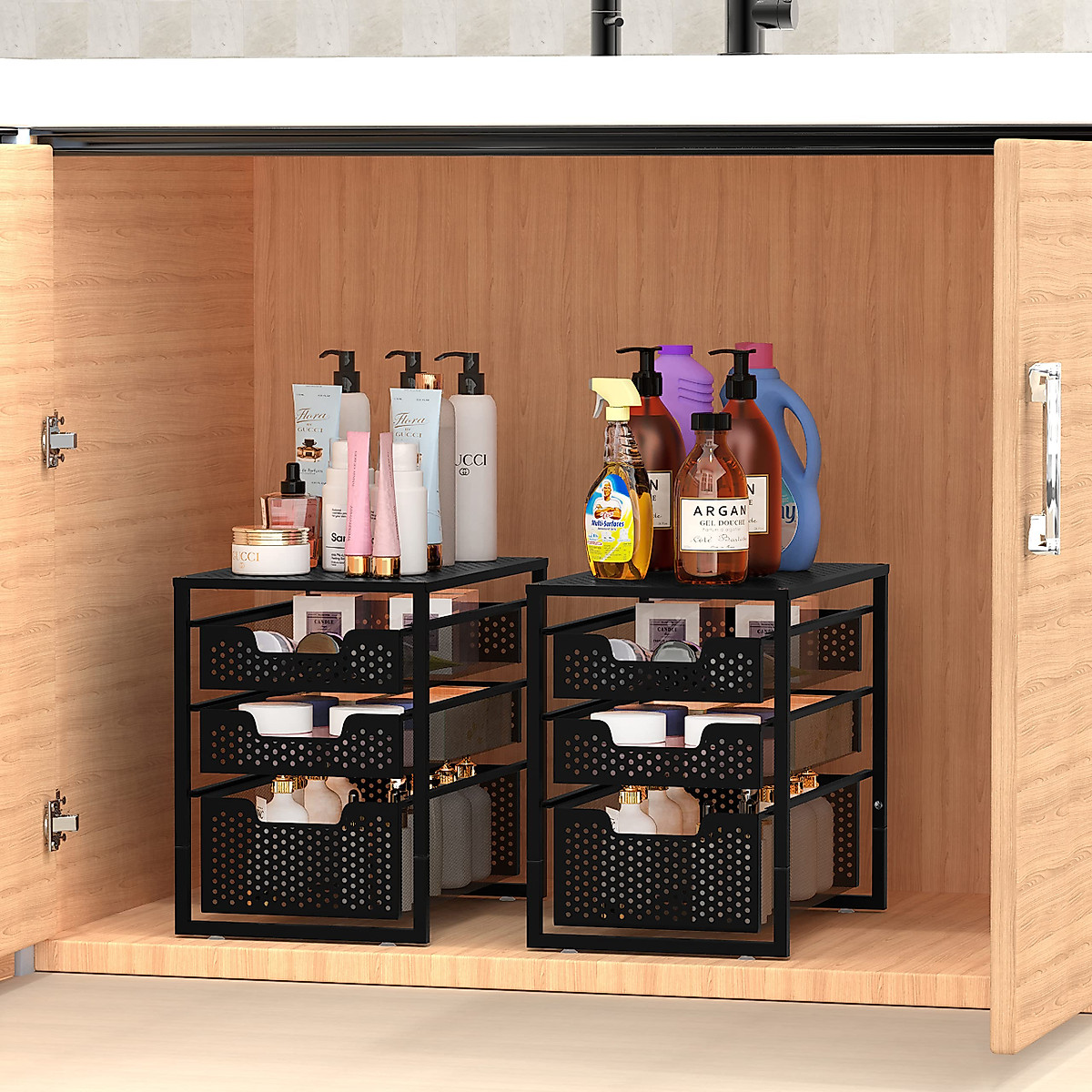 Simple Trending 3-Tier Under Sink Cabinet Organizer with Sliding Storage Drawer, Desktop Organizer for Kitchen Bathroom Office, Stackbale, Black