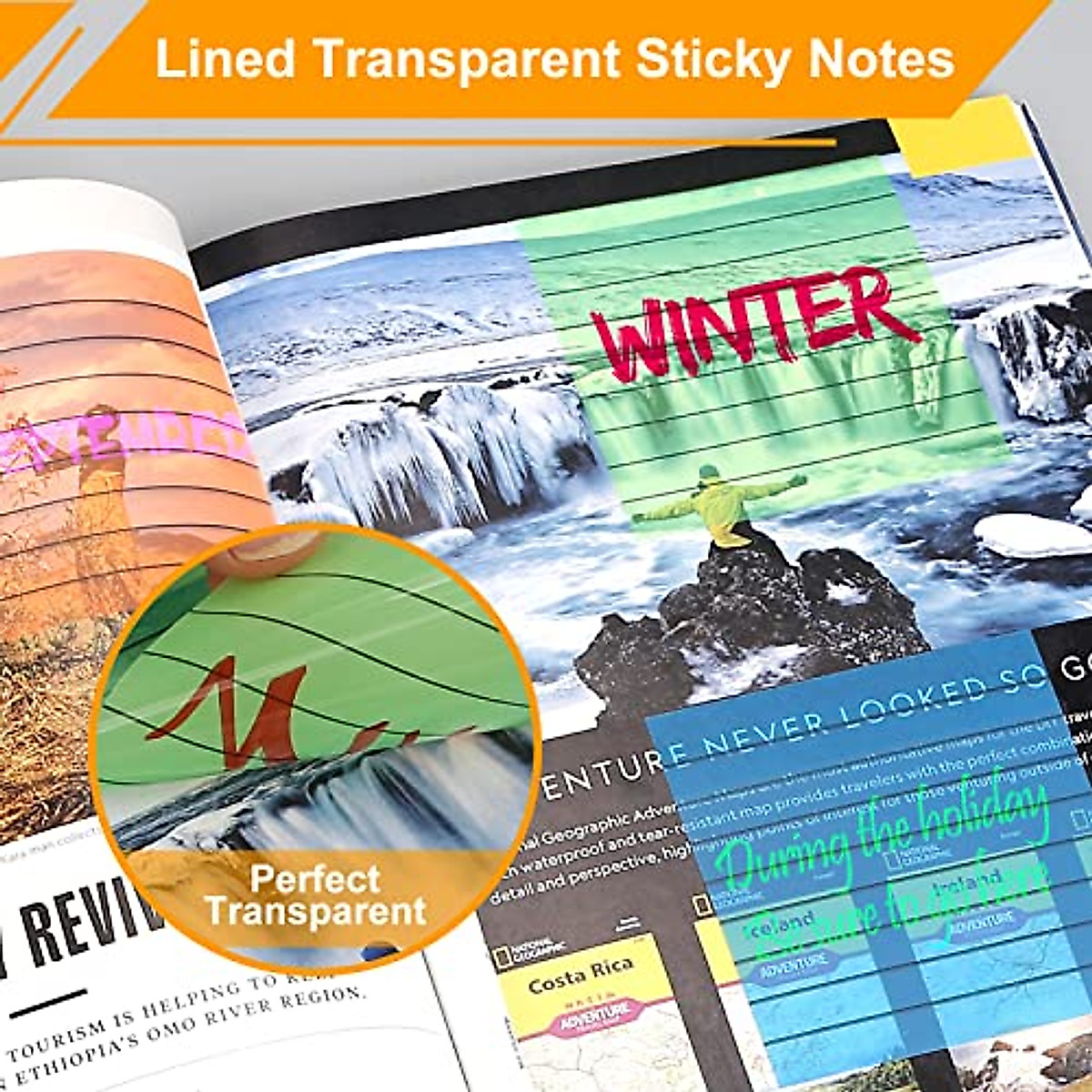 300 Sheets Lined Transparent Sticky Notes, 3x3 Inch 6 Colorful Clear See Through Translucent Self-Adhesive Post Memo Reminder Tabs with Line for Office Woman College School Students Classroom Supplies