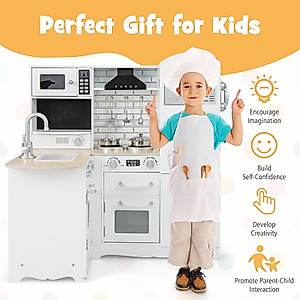 HONEY JOY Corner Kids Kitchen Playset, Wooden Little Chef Pretend Play Kitchen w/Sounds, Cooking Utensils, Water Dispenser, Refrigerator, Range Hood, Pretend Play Toy Kitchen Set for Toddlers