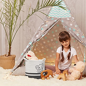 Rope Basket with Baby Elephant, Toy Storage, Nursery Storage, Blanket Storage, 14”x11”x12, White, Grey