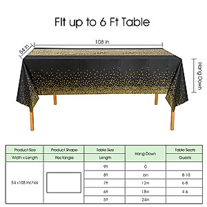 Melsan Disposable Table Cloth for Rectangle Tables, 3 Pack Black and Gold Plastic Table Cloths for Graduation, Retirement, 50th Birthday Party Decorations, 54×108 in