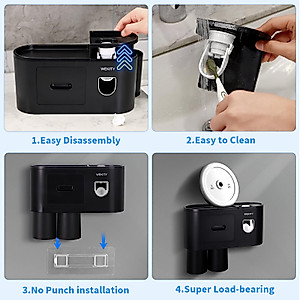 Wekity Toothpaste and Toothbrush Holder, Multi-Functional Toothbrush Holder Wall Mount for Bathroom Space Saving, with Toothpaste Dispenser and Colorful Gargle Cups (Black)