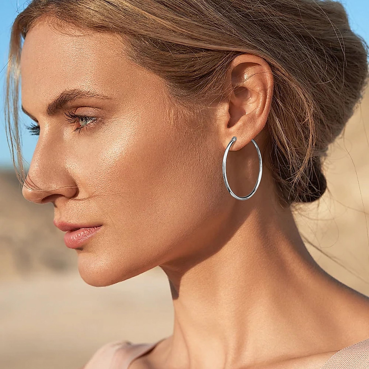 Gacimy Sterling Silver Hoop Earrings for Women, 14K White Gold Plated Hoops with 925 Sterling Silver Post, White Gold 40mm Medium Earrings for Women