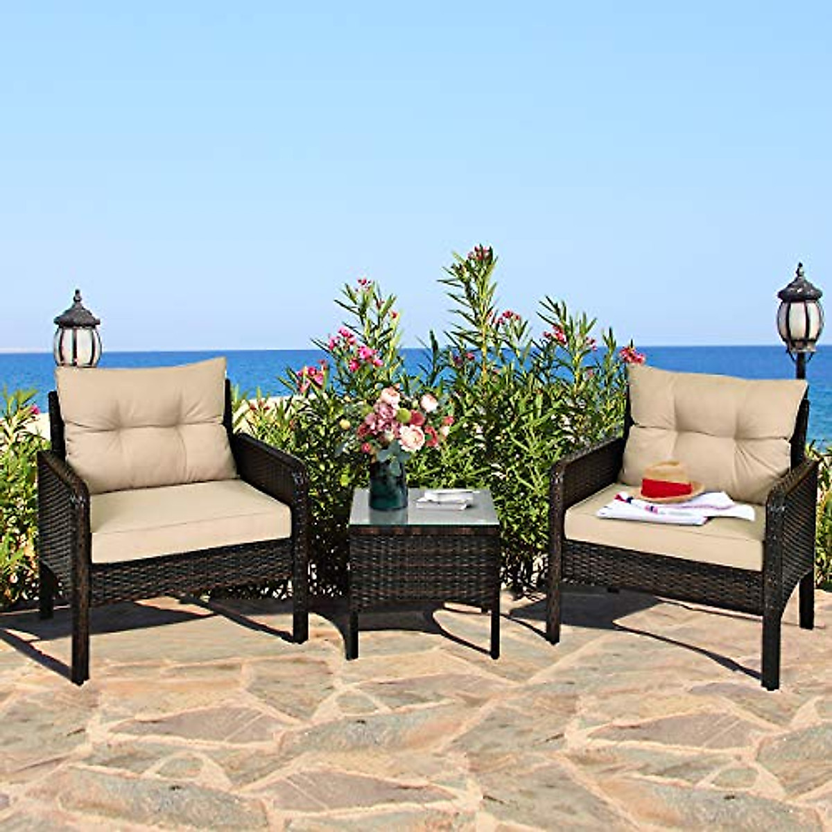 HAPPYGRILL 3-Pieces Patio Furniture Set Outdoor Rattan Wicker Coffee Table & Chairs Set with Seat Cushions Patio Conversation Set for Garden Balcony Backyard Poolside