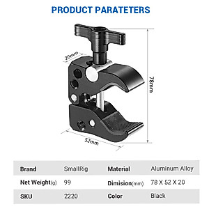SMALLRIG Super Clamp with 1/4拻 Thread Holes, 3/8拻 Locating Pin for ARRI Standard, T-Shaped Wingnut and Rubber Pads
