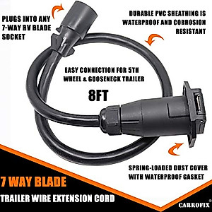 CARROFIX 7-Way Trailer Extension Cord Wire 8 FT 7-Blade Trailer Wiring Connector Socket for RV, Truck, Caravan, 5th Wheel or Gooseneck - Heavy Duty and Unique Waterproof Design
