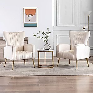 KCC Velvet Accent Living Room Chairs Set of 2, Mid Century Armchair with High Back for Bedroom, Upholstered Single Sofa with Golden Metal Legs,Cream