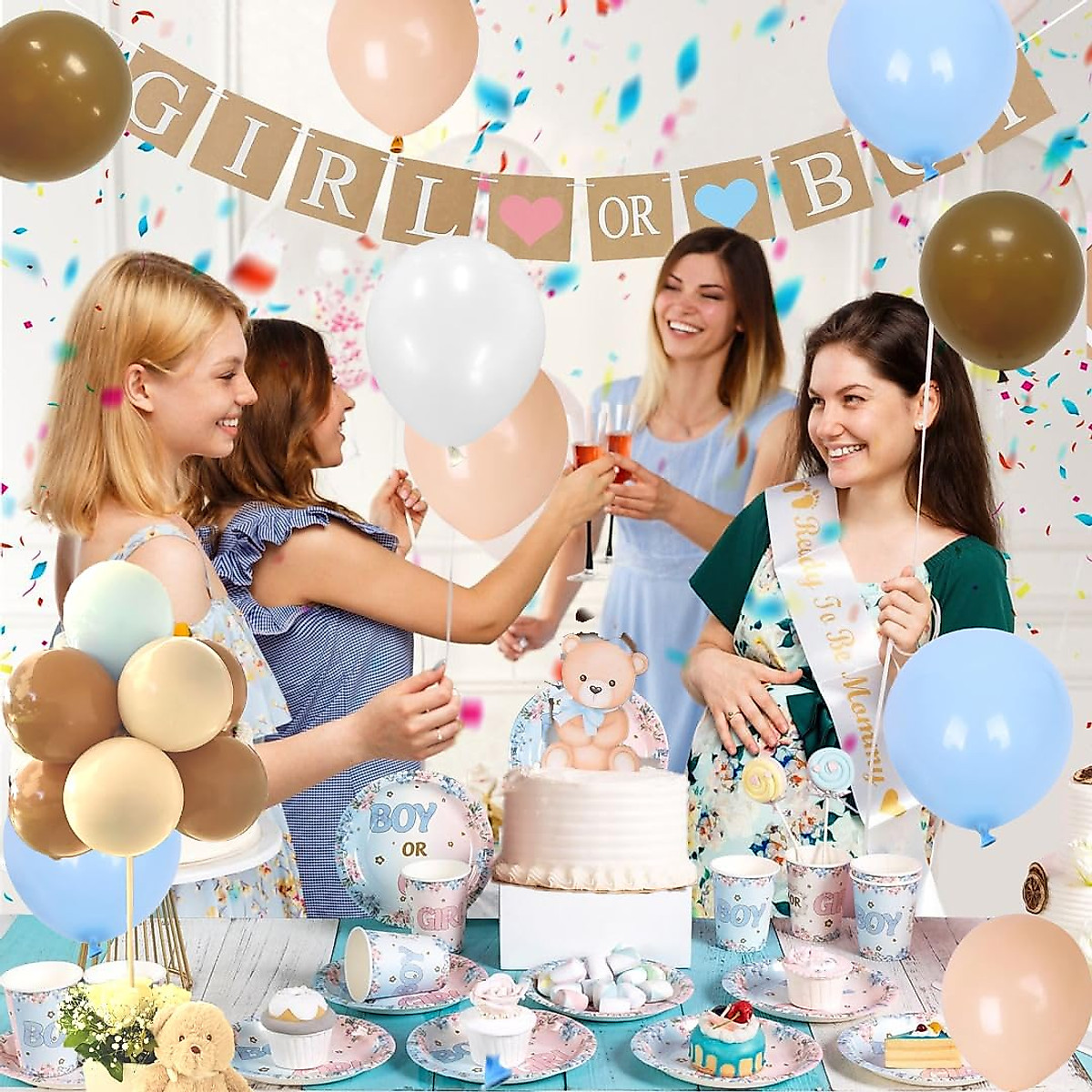 Blue and Brown Party Balloons, 50pcs 12 Inch Brown Blue White Blush Latex Balloons Blue Brown Neutral Balloons for Gender Reveal Wedding Birthday Baby Shower Graduation Bear Party Decoration