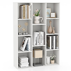 Giantex 11 Cube Reversible Bookcase, Wooden Freestanding Open Bookshelf with Anti-tip Kits, Modern Storage Organizer Cabinet, Wood Display Book Shelf for Living Room, Bedroom, Playroom, White