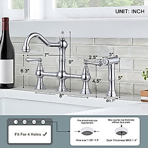 WOWOW 3 Hole Widespread Bathroom Faucet Chrome Bathroom Sink Faucets 2 Handle Bath Faucet 8 inch and 4 Hole Kitchen Faucet with Sprayer, 8 Inch Centerset Brass Bridge Kitchen Faucet