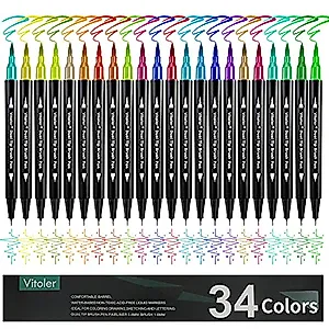 Vitoler Dual Tip Brush Markers Colored Pen,Fine Point Journal Pens & Colored Brush Markers for Kid Adult Coloring Drawing Planner Calendar Art Projects(34 Colors Pen)