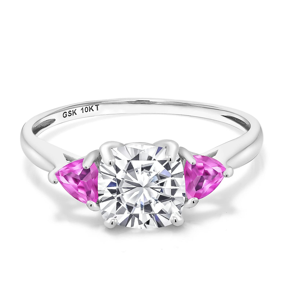 Gem Stone King 10K White Gold White Moissanite and Pink Created Sapphire 3-Stone Engagement Ring For Women (2.30 Cttw, 7MM Cushion and 4MM Trillion, Available In Size 5, 6, 7, 8, 9)