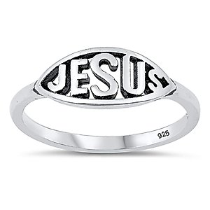 Jesus Script Filigree Oval Cutout Ring New .925 Sterling Silver Band Size 8
