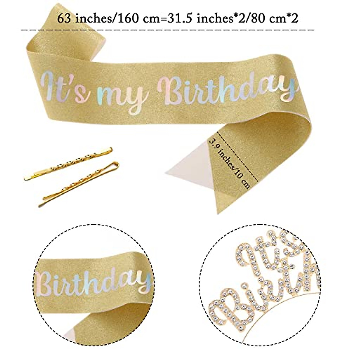 Acenail Birthday Headbands Women Birthday Sash Happy Birthday Headband Rhinestone Birthday Queen Crowns and Tiaras Birthday Princess Crown Birthday Queen Tiara Birthday Head Band Set Crystal Birthday Decorations Girls Birthday Hair Accessories (B-Gold)