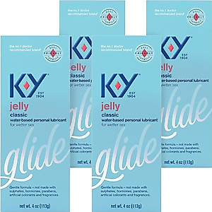 K-Y Jelly Lube, Personal Lubricant, Water-Based Formula, Safe to Use with Latex Condoms, For Men, Women and Couples, 4 Ounce (Pack of 5)