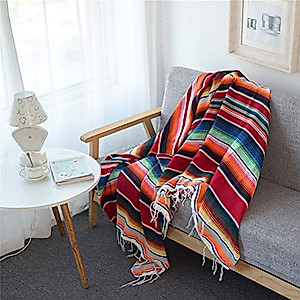 JQZ Mexican Serape Blanket with Tassel Bright Colorful Stripe Rainbow Throw Blanket Yoga Beach Blanket Tablecloth Sofa Cover(Red, 60" X 82")