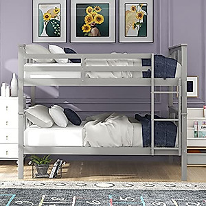 Dividable Full Over Full Bunk Bed with Ladder for Kids, Teens, Adults, No Box Spring Required Solid Wooden Bedframe w/Full-Length Guardrail, Bedroom, Guest Room Furniture, Gray