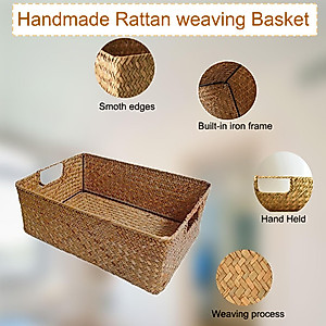 1 Pcs Handwoven Wicker Shelf Baskets, Natural Bamboo Rectangular Organizing Baskets for Shelf/Table, Built-in Iron Rack Wicker Storage Basket for Snack Cat Strip Small Things