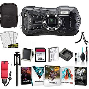 Ricoh WG-70 Waterproof Digital Camera (Black) 03868 Bundle with 256GB Memory Card, Carrying Case, Tripod, Corel Photo-Video-Art Suite + More (International Model)