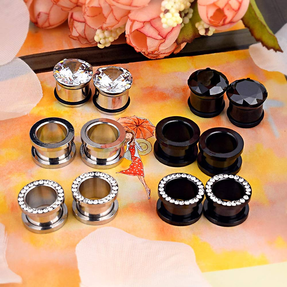 Longbeauty 12pcs Gorgeous Cubic Zirconia Tunnels 316L Stainless Steel Ear Gauges Earring Plugs for Ears Screw Fit Body Piercing Jewelry 4g-3/4