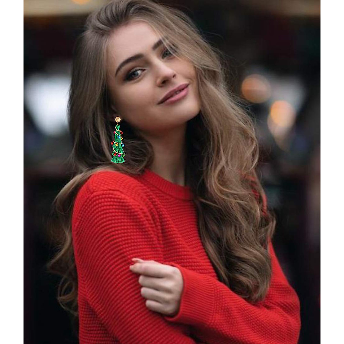 NVENF Christmas Earrings for Women Xmas Wreath Bow Earrings Long Tassel Christmas Tree Earrings Festive Gifts for Women Holiday Accessory (Style A - Christmas Tree)