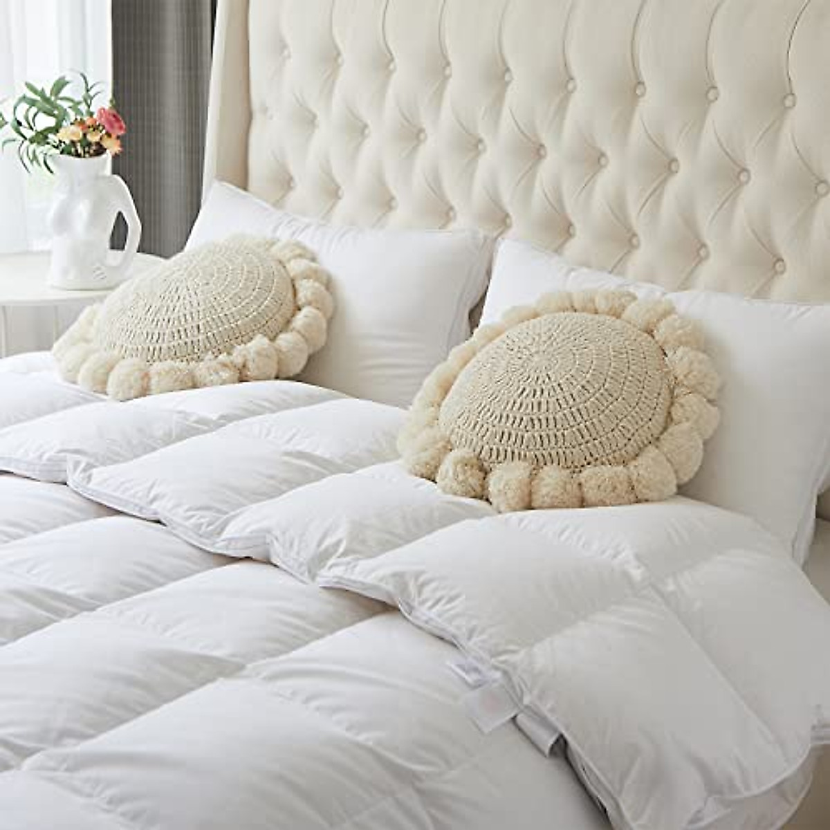 Boho Round Throw Pillow with Cute Handmade Pom Poms Tassels 18 Inch, Decorative Circular Knitted Crochet Cushion for Couch, Sofa, Chair, Bed, Beige